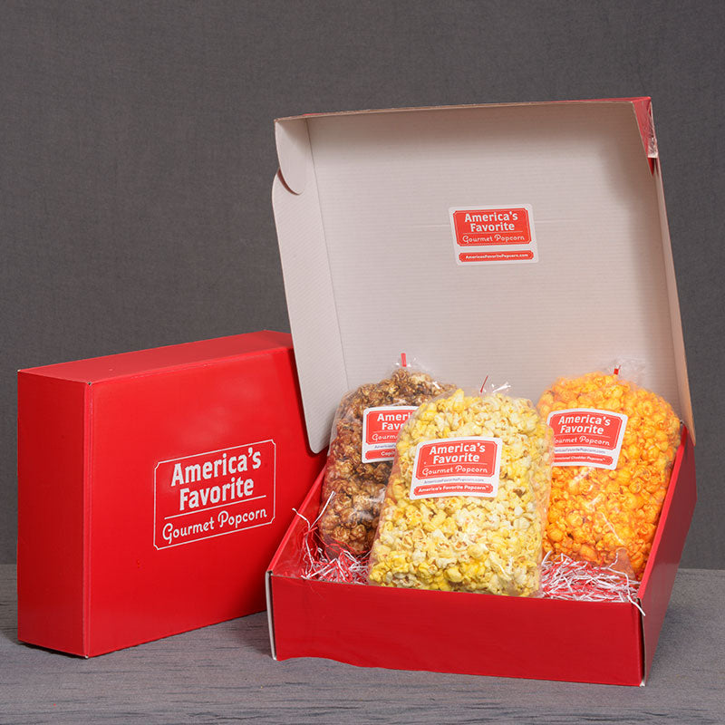 Gourmet 3-Flavor Popcorn Gift Box: Butter, Caramel & Cheddar Popcorn ...